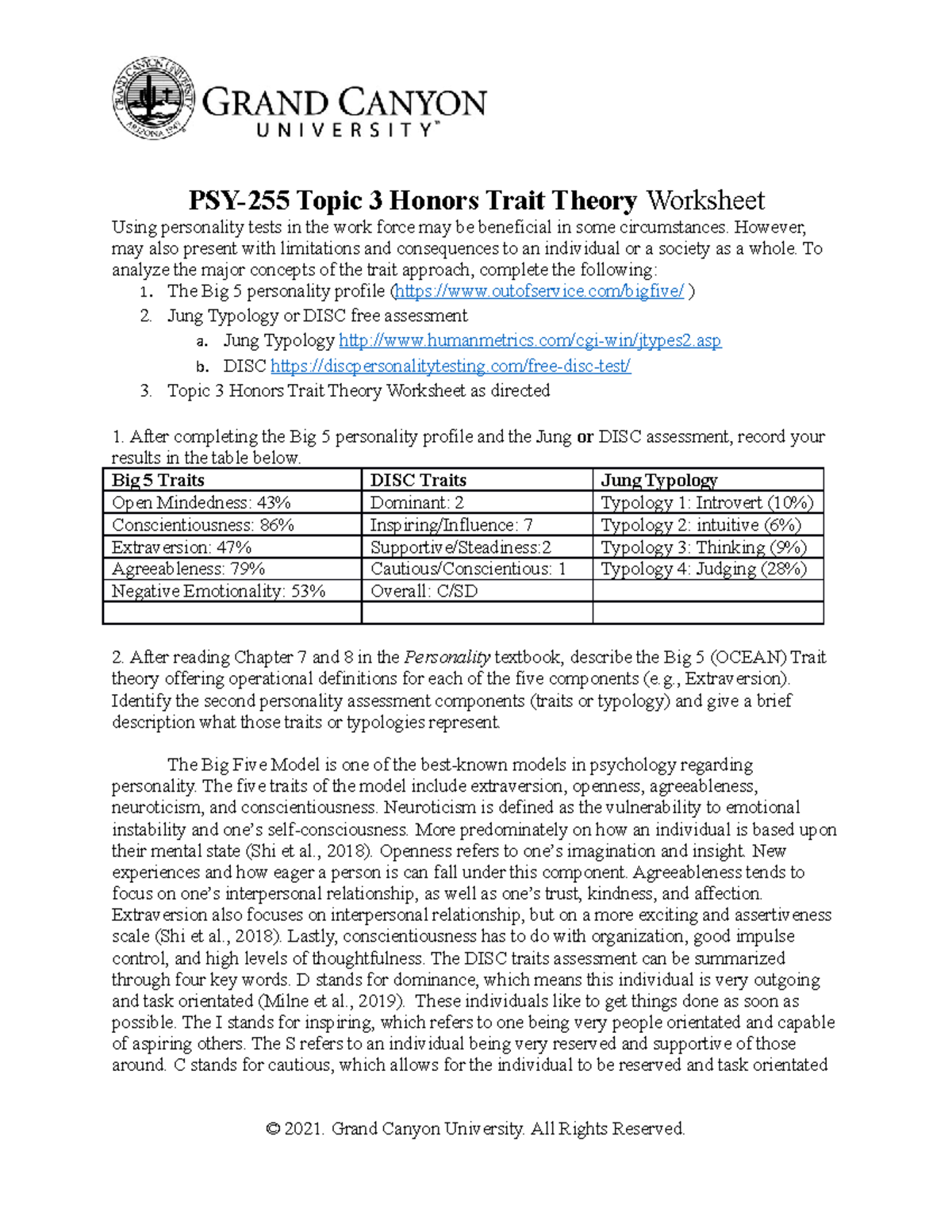 Trait Theory Worksheet: Big 5 Personality Profile Jung Typology DISC ...