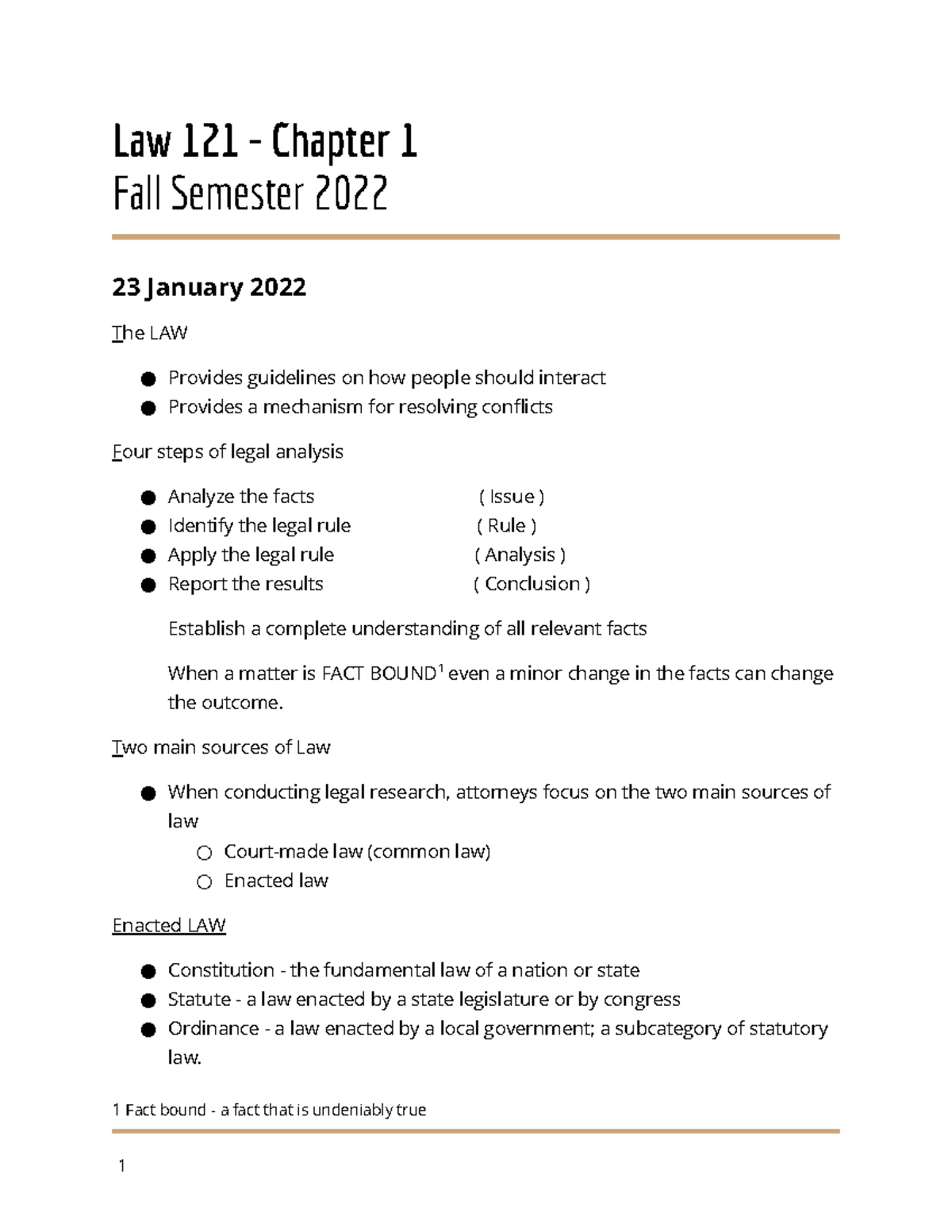 Law 121 - Ch. 1 (2022) - Notes from lectures - Law 121 - Chapter 1 Fall ...