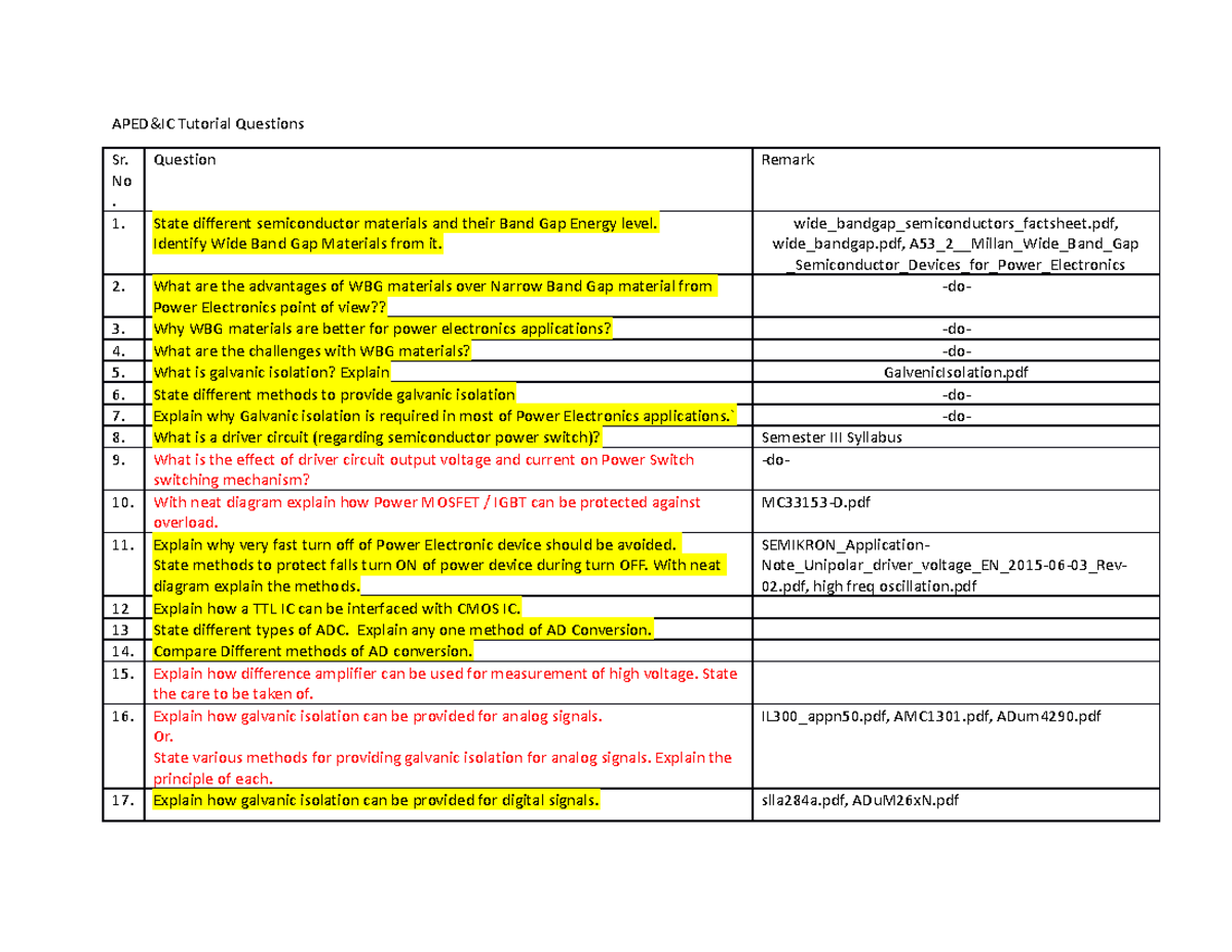 Tutorial Questions - No . Question Remark State different semiconductor ...