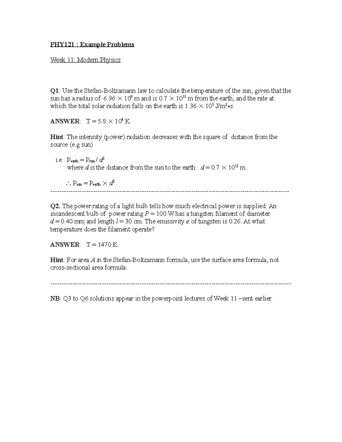 PHY121 Example Problems Q 1&Q2Answers - PHY121 : Example Problems Week ...