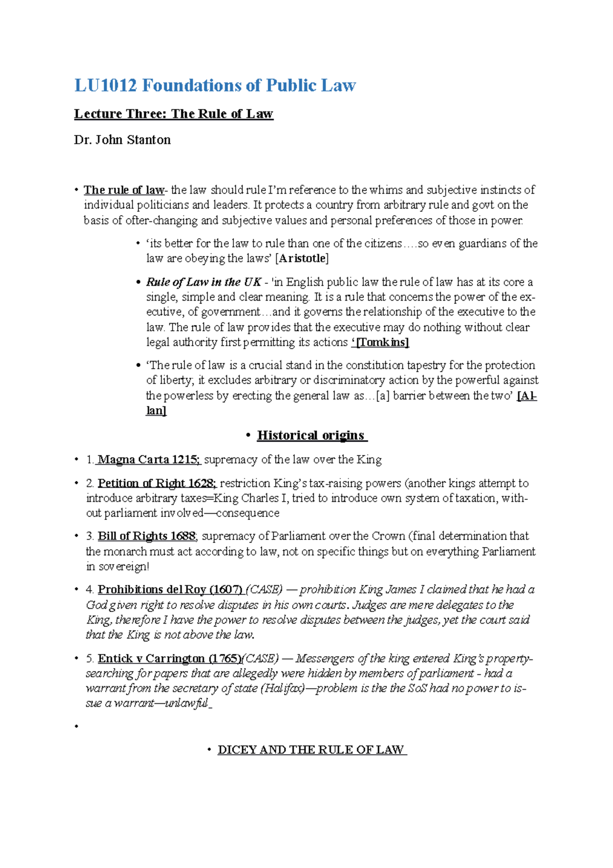 Public Law L3 Lecture Notes 3 Lu1012 Foundations Of Public Law Lecture Three The Rule Of