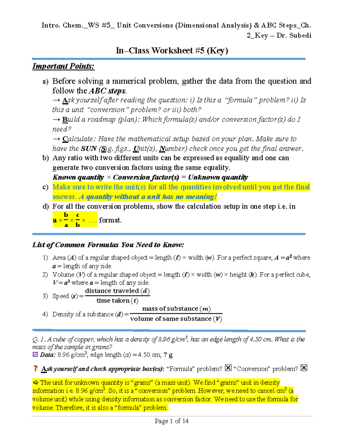 Chem 1050-WS 5 Ch 2 Key - work sheets - 2_Key – Dr. Subedi In–Class Worksheet #5 (Key) Important ...