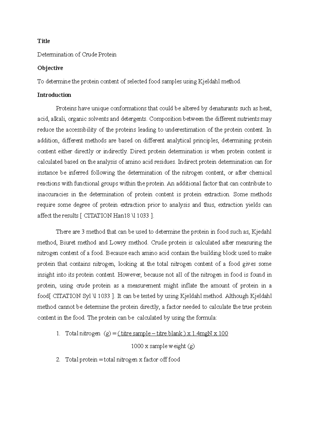 FST306 Crude Protein - Title Determination of Crude Protein Objective ...