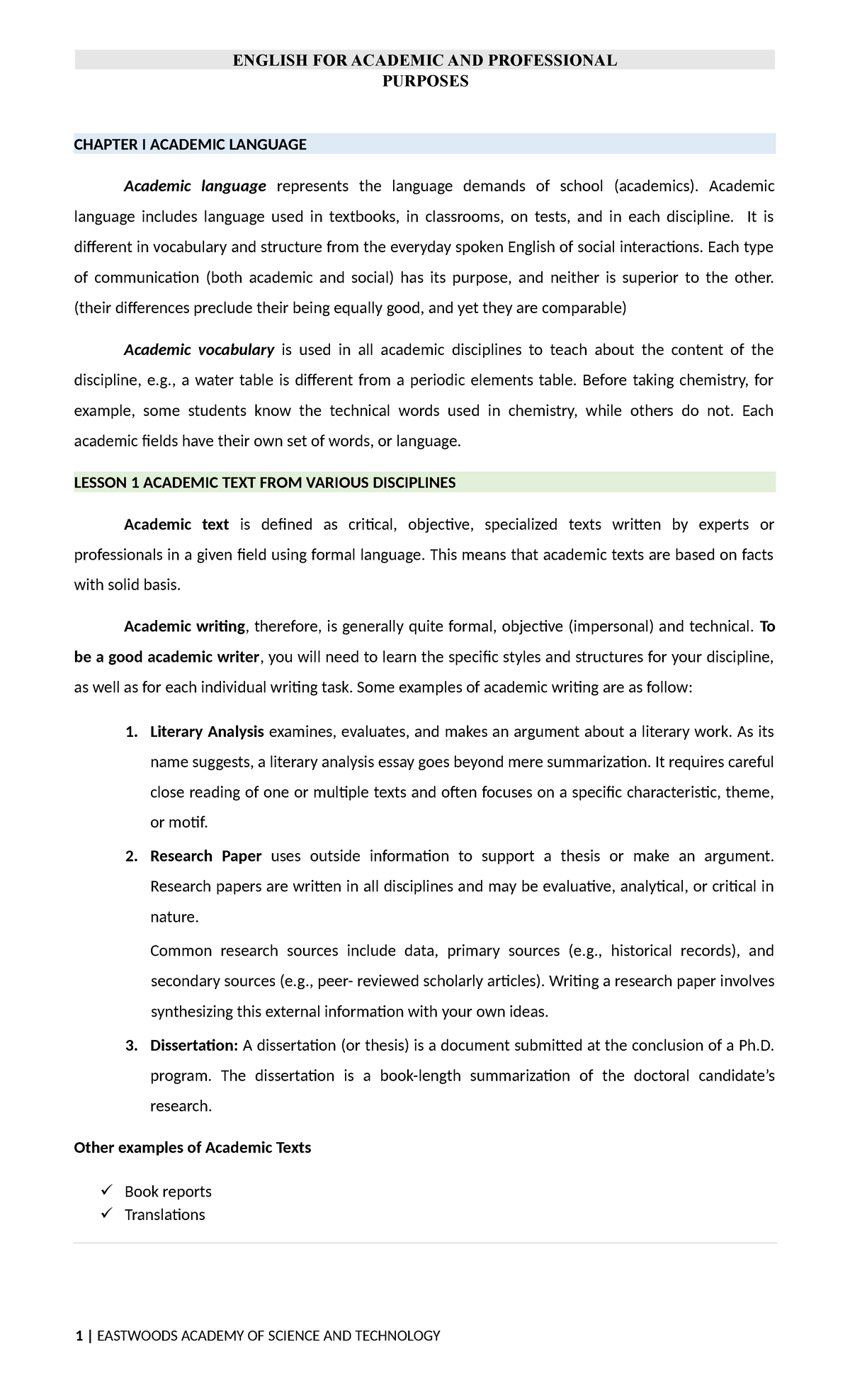 EAPP Lesson 1 & 2 - LECTURE - PURPOSES CHAPTER I ACADEMIC LANGUAGE ...