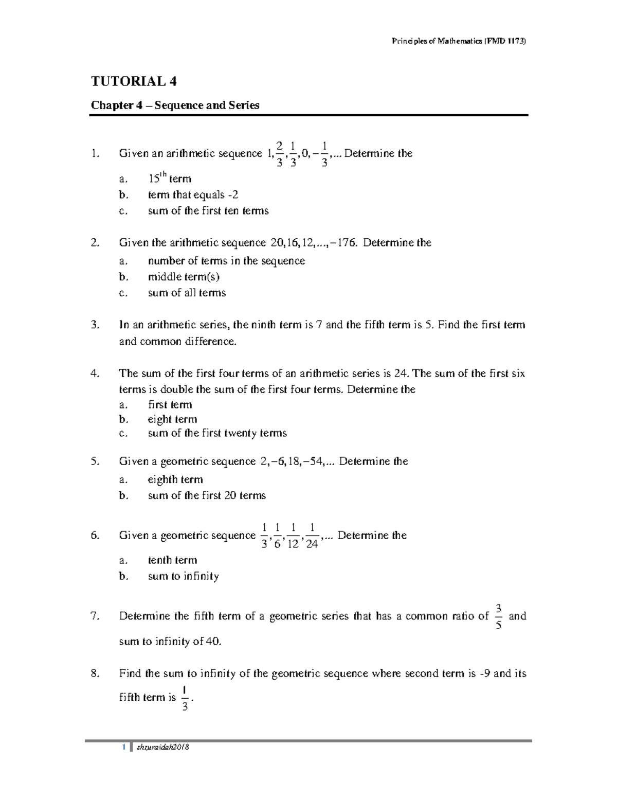 Tutorial 4 - good - Principles of Mathematics (FMD 1173) 1 shzuraidah ...