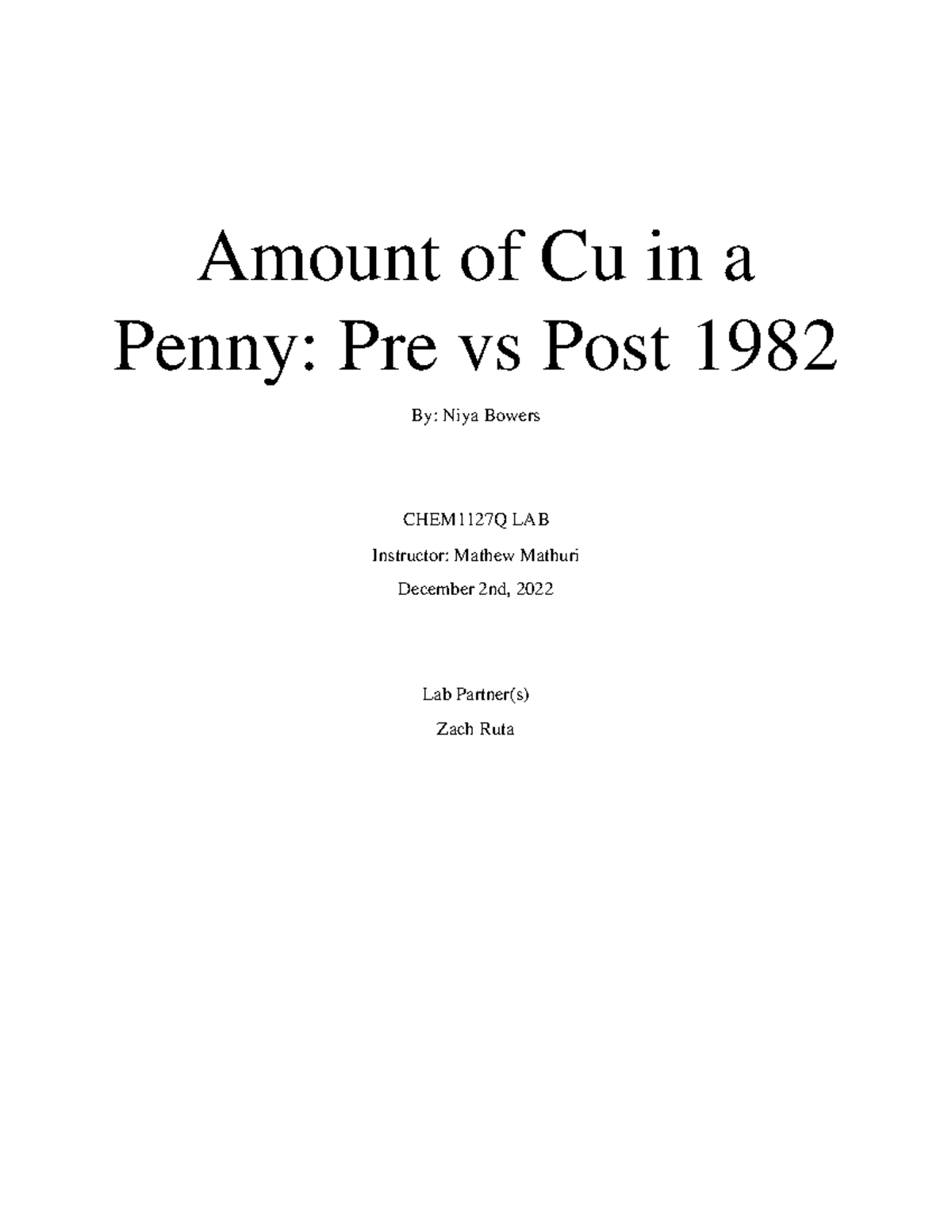 Lab Report- Pennies in a Stream - Amount of Cu in a Penny: Pre vs Post ...