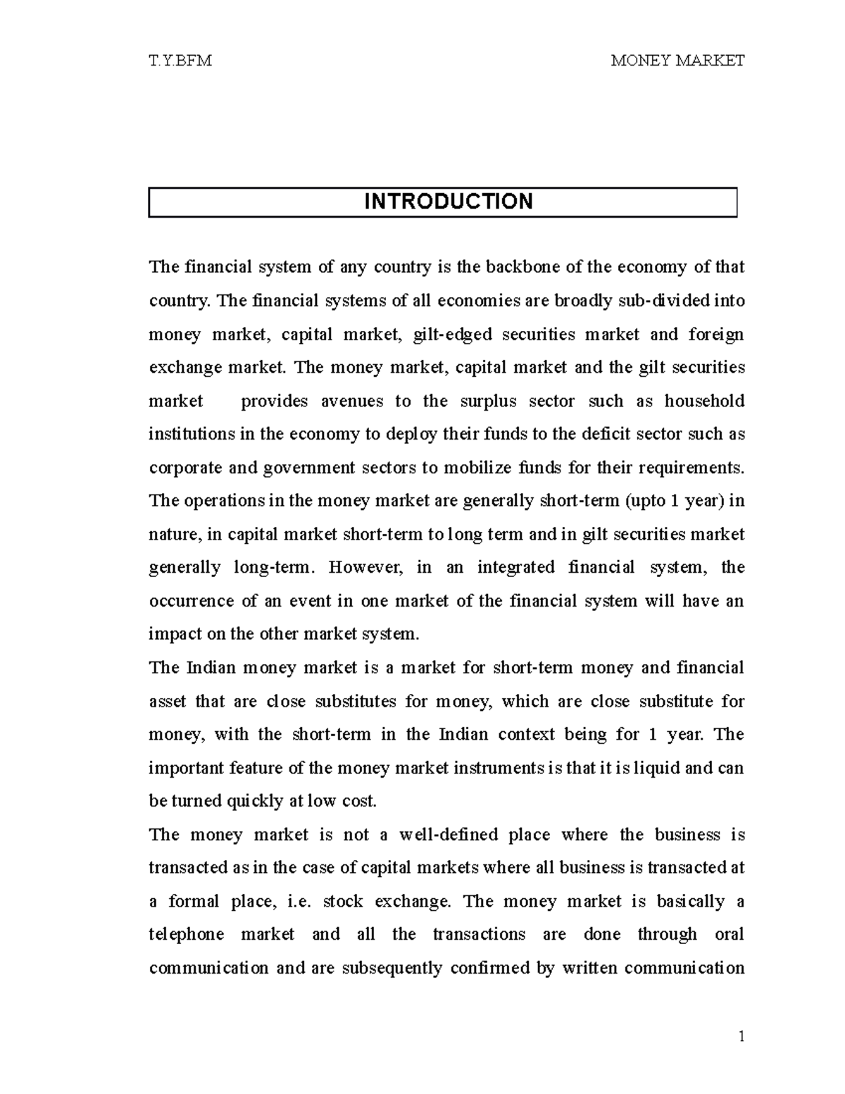 Blackbook project on money market 163426471 - INTRODUCTION The ...