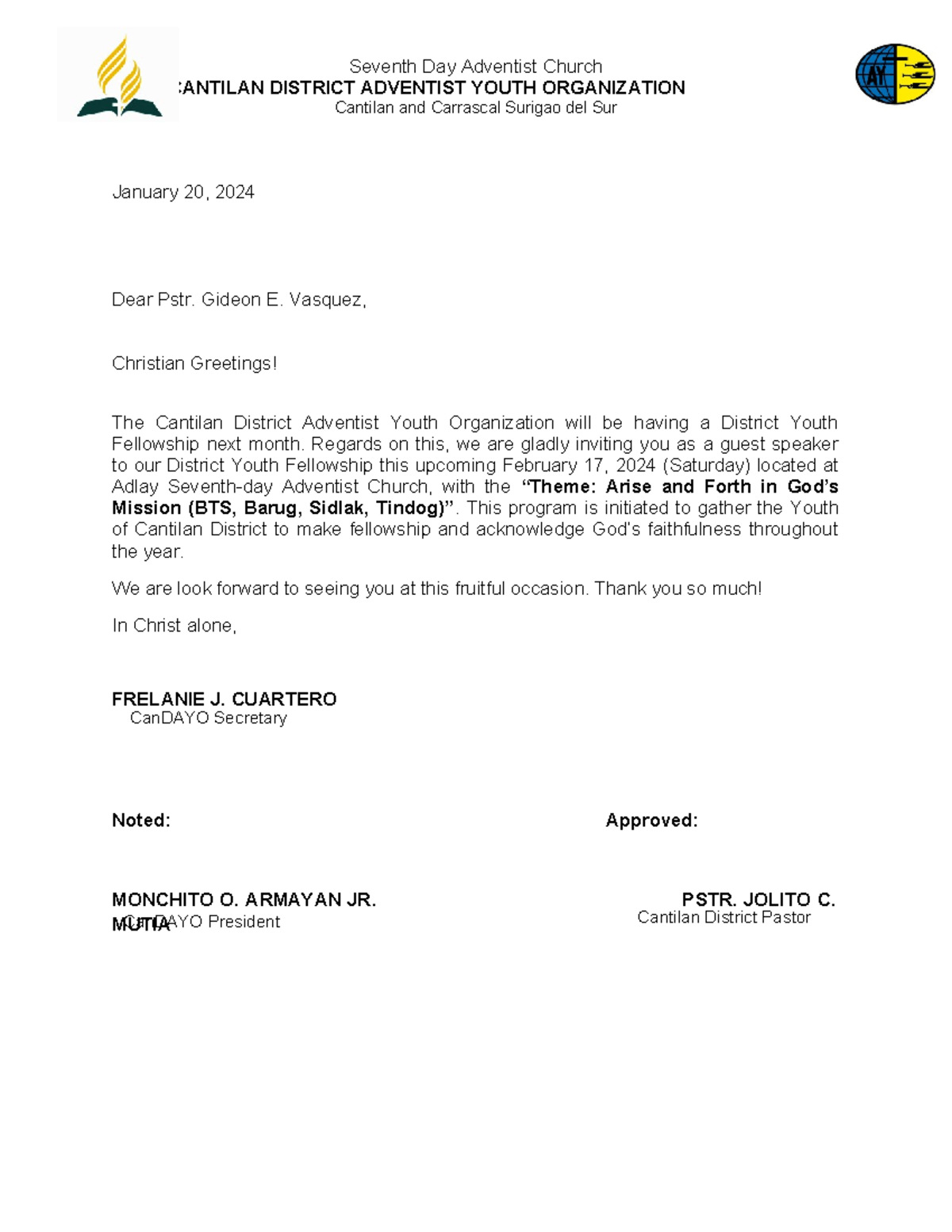 Invitation letter in church - Seventh Day Adventist Church CANTILAN ...