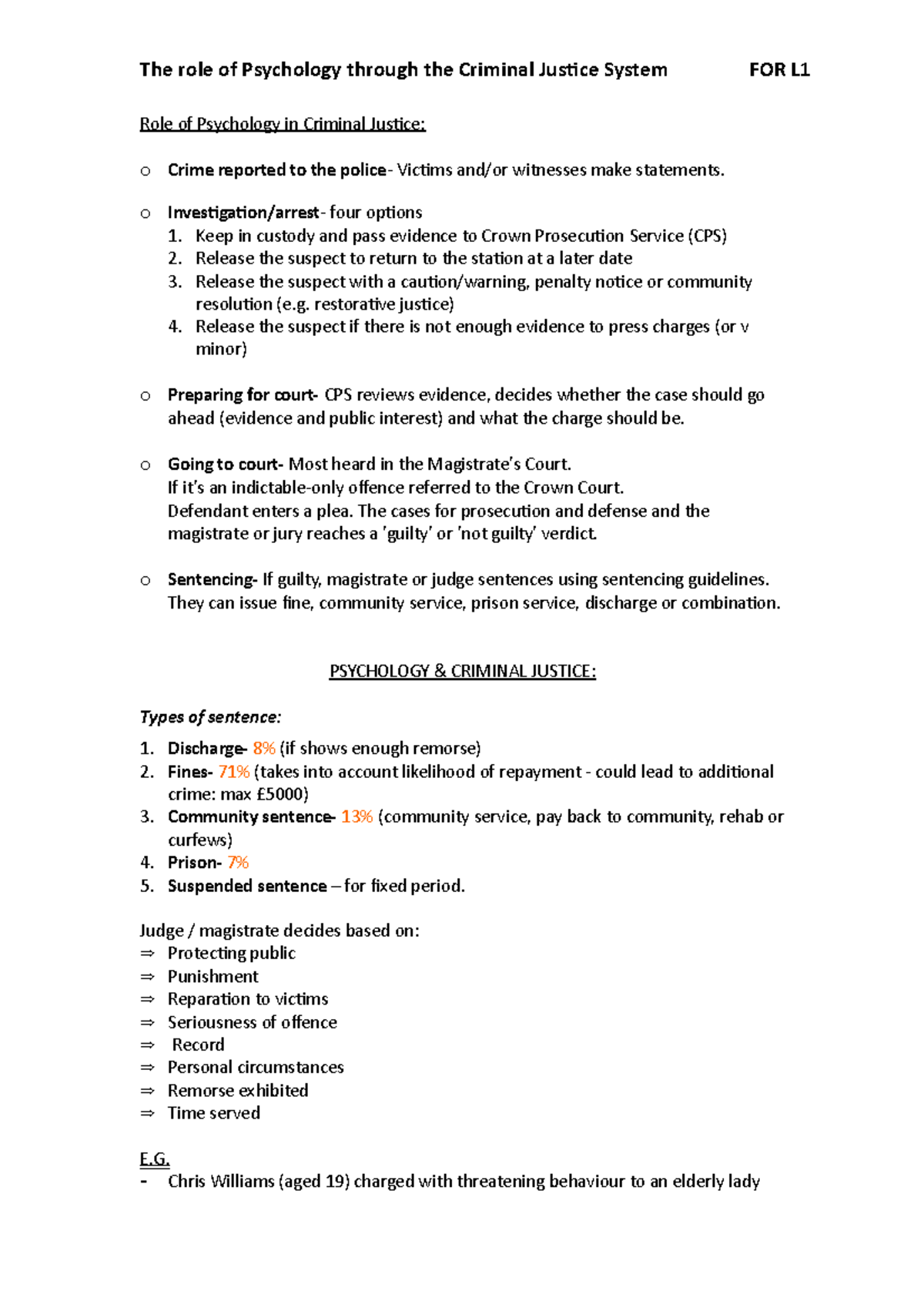 FOR L1 - Lecture notes 1 - Role of Psychology in Criminal Justice: o ...