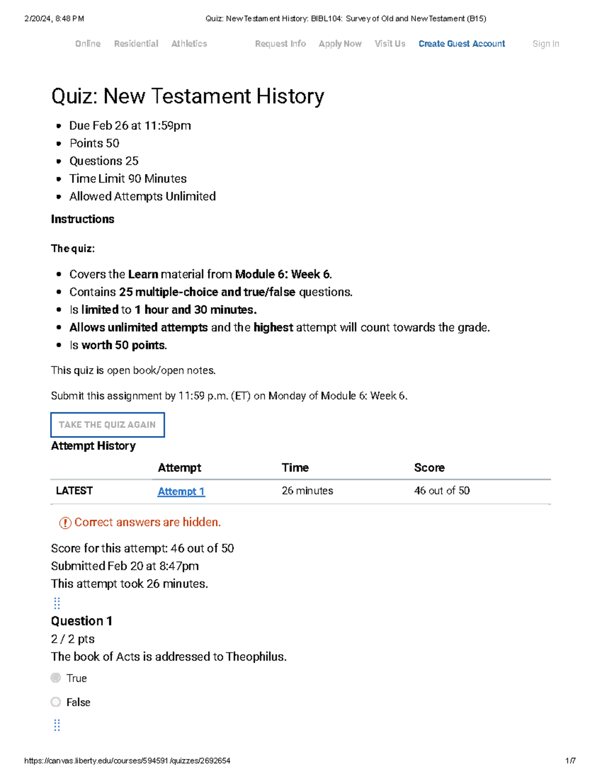 Quiz New Testament History BIBL104 Survey of Old and New Testament (B15 ...