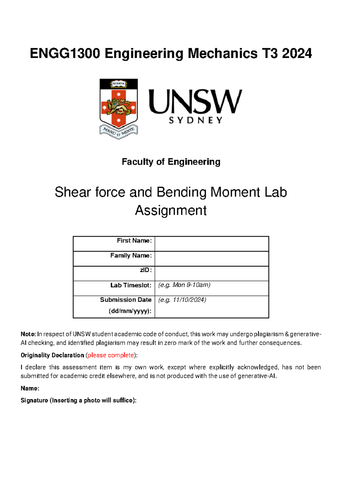 Static Lab Report Template V4 - ENGG1300 Engineering Mechanics T3 2024 ...