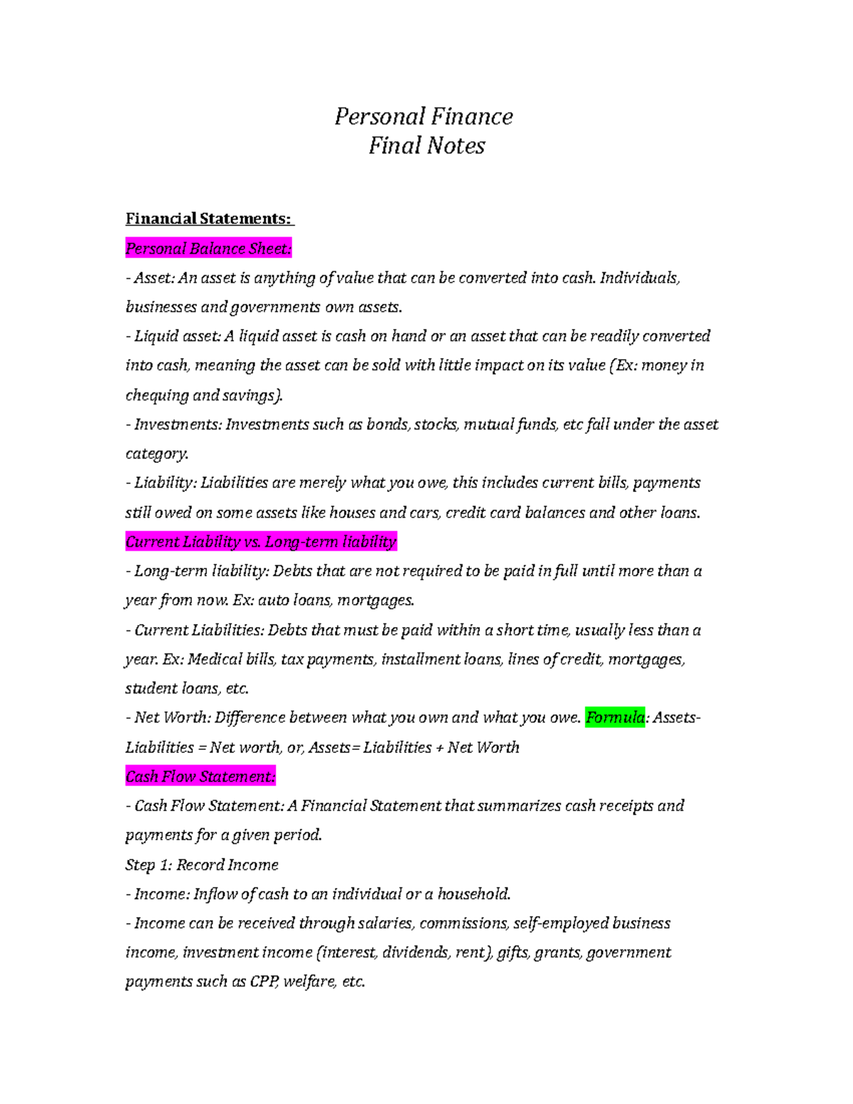 Fina 200 final notes - Personal Finance Final Notes Financial ...