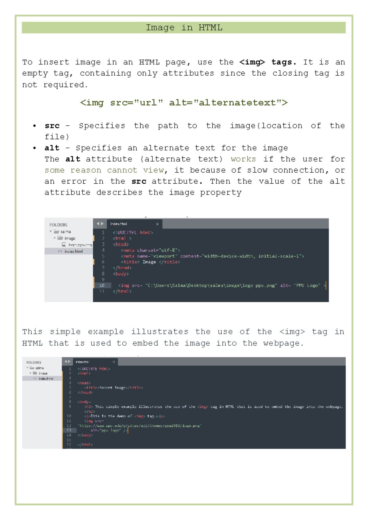 Lab 3 - information - Image in HTML To insert image in an HTML page, use the tags. It is - Studocu