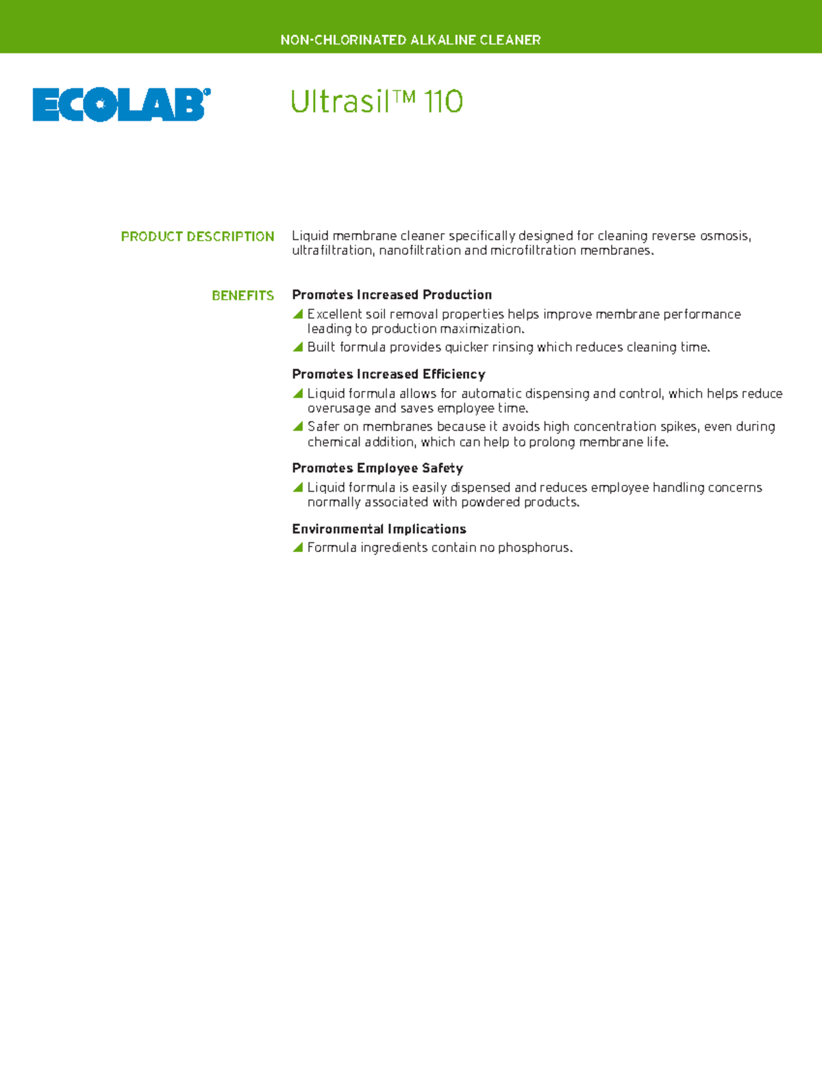 Ultrasil 110 Catalog Sheet pdf - NON-CHLORINATED ALKALINE CLEANER ...