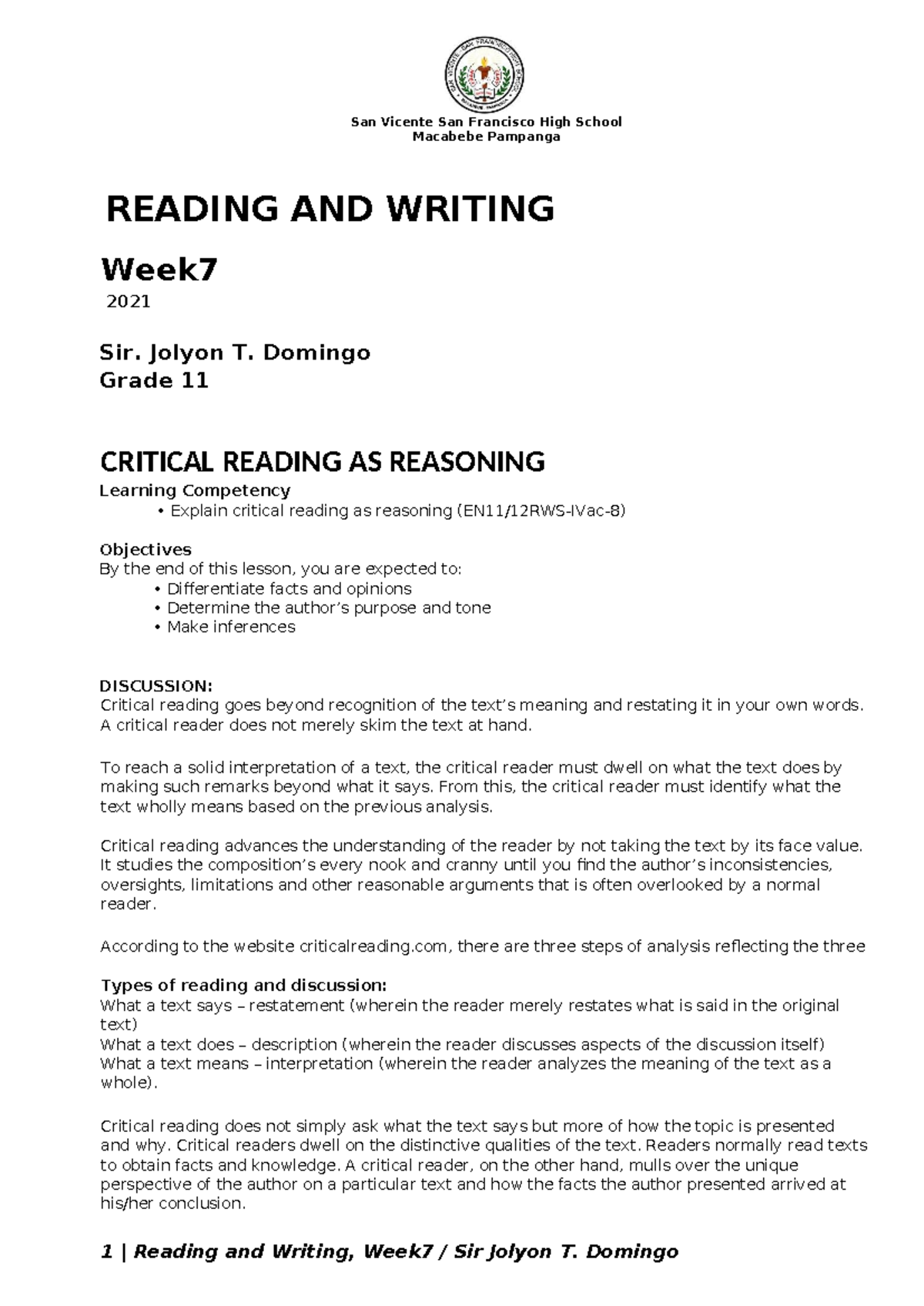 Reading and Writing Week7 - San Vicente San Francisco High School Macabebe Pampanga READING AND ...
