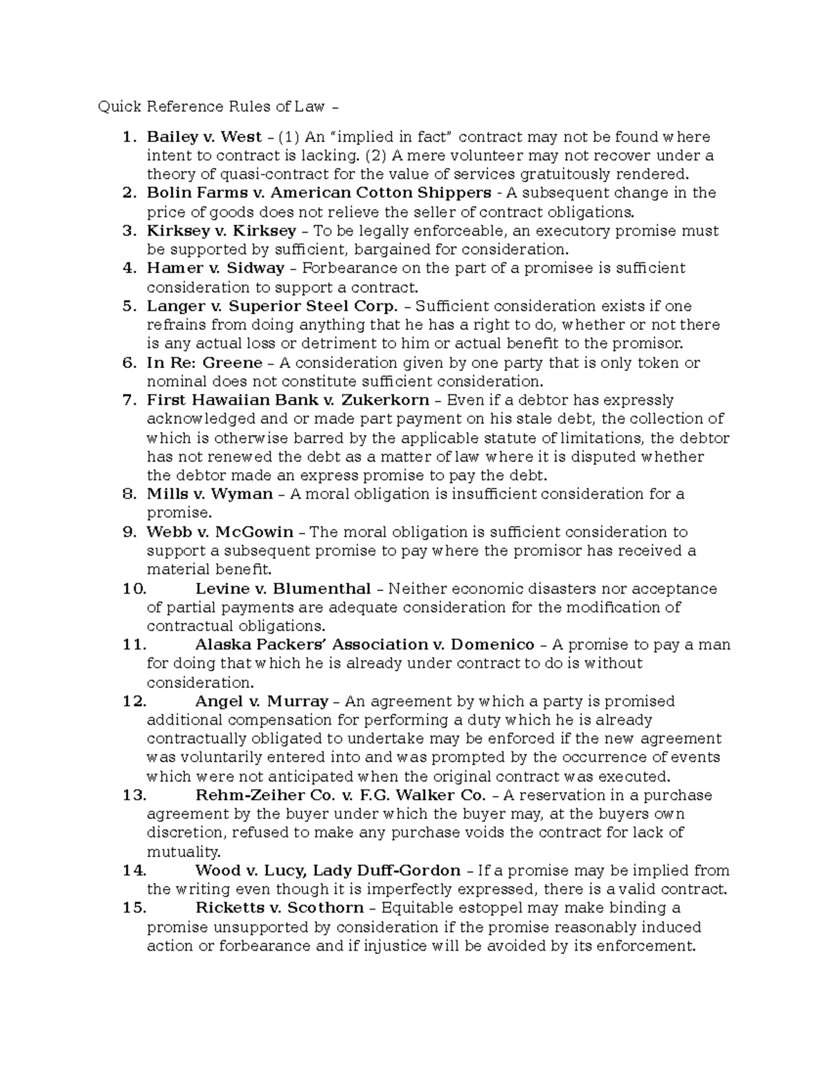 Quick Reference Rules of Law - Bailey v. West – (1) An “implied in fact ...