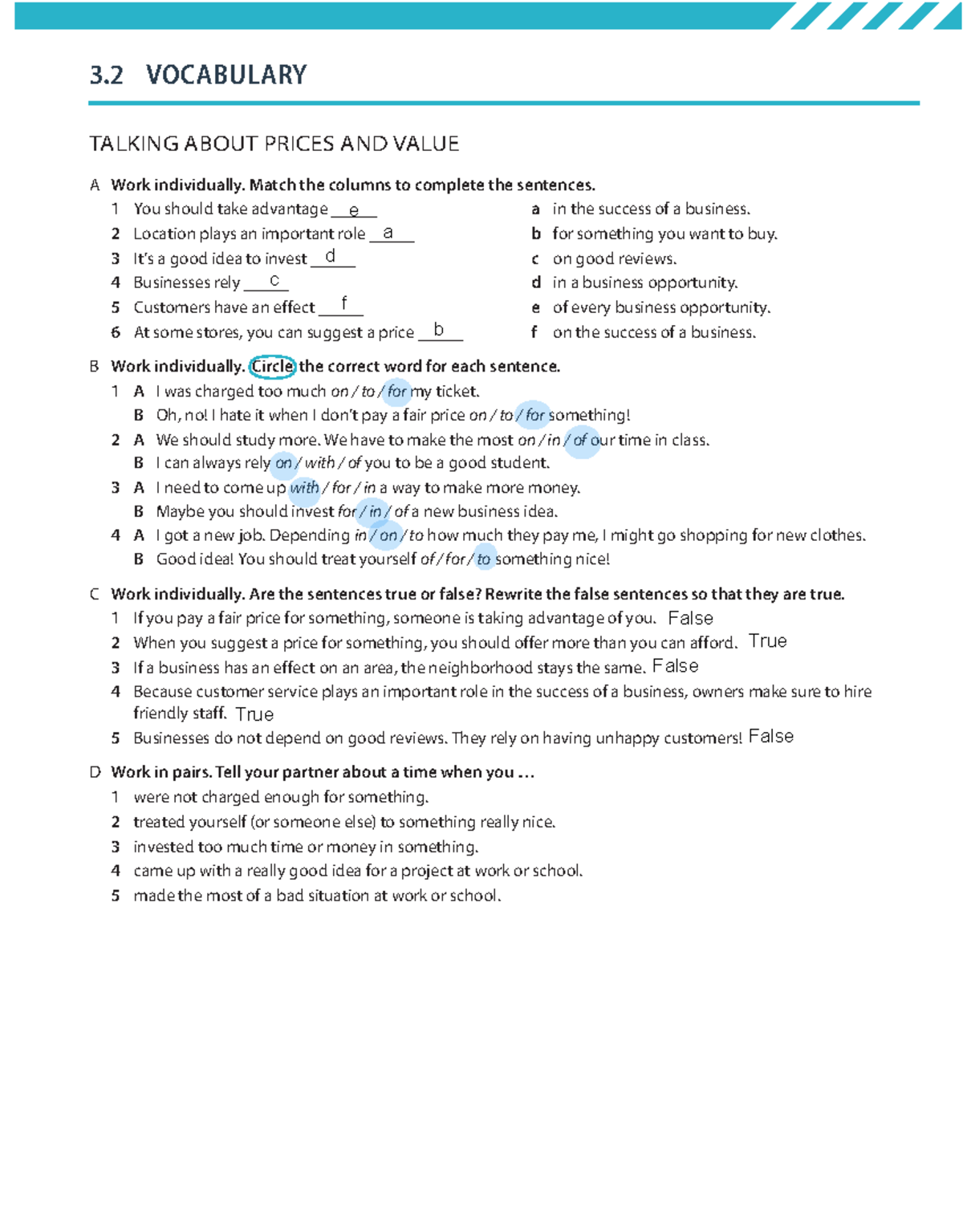 BUS 2.0 Level 4 Lesson Plan 3 Handout 2 - TALKING ABOUT PRICES AND VALUE A Work individually ...