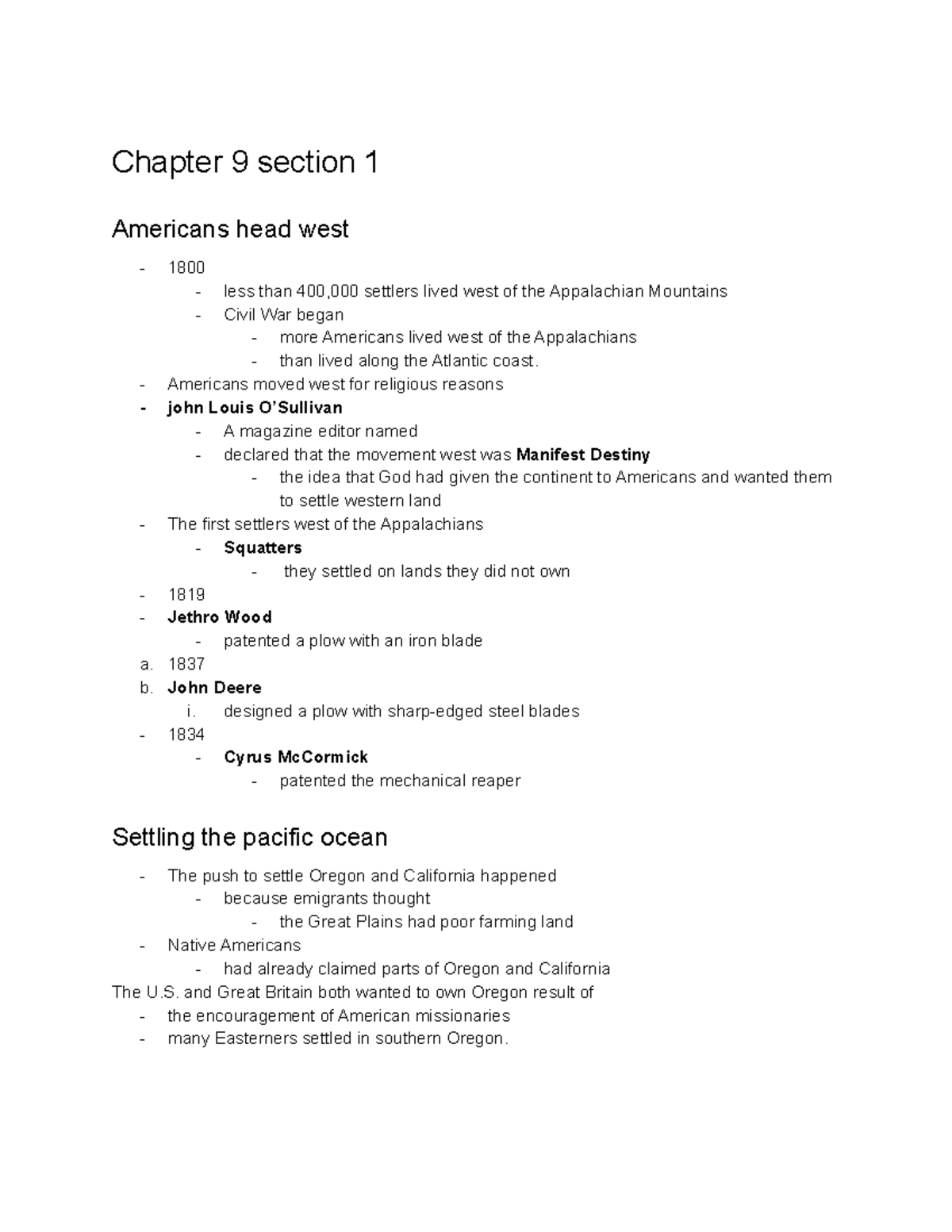 Chapter 9 section 1 notes - Chapter 9 section 1 Americans head west ...