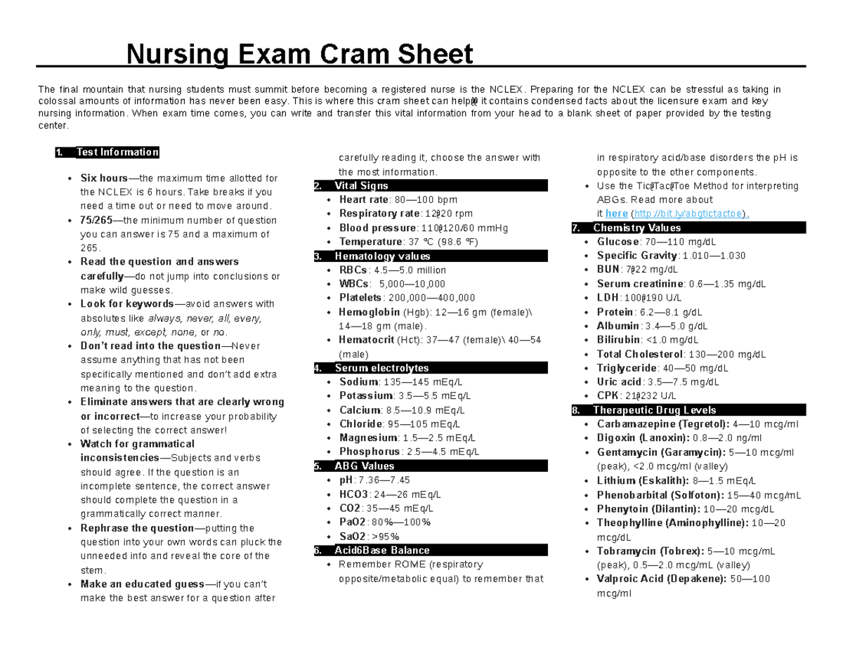 Nclex-Cram-Sheet - notes - Nursing Exam Cram Sheet The final mountain ...