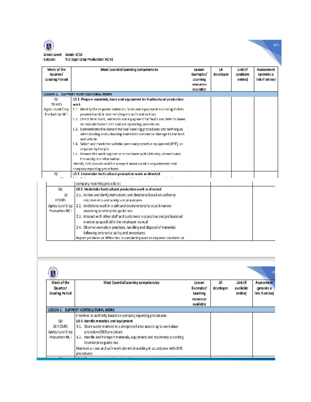 Pdfcoffee.com melc-tle-9-agri-crop-production-pdf-free - 401 Grade Level: Grade Subject: TLE ...