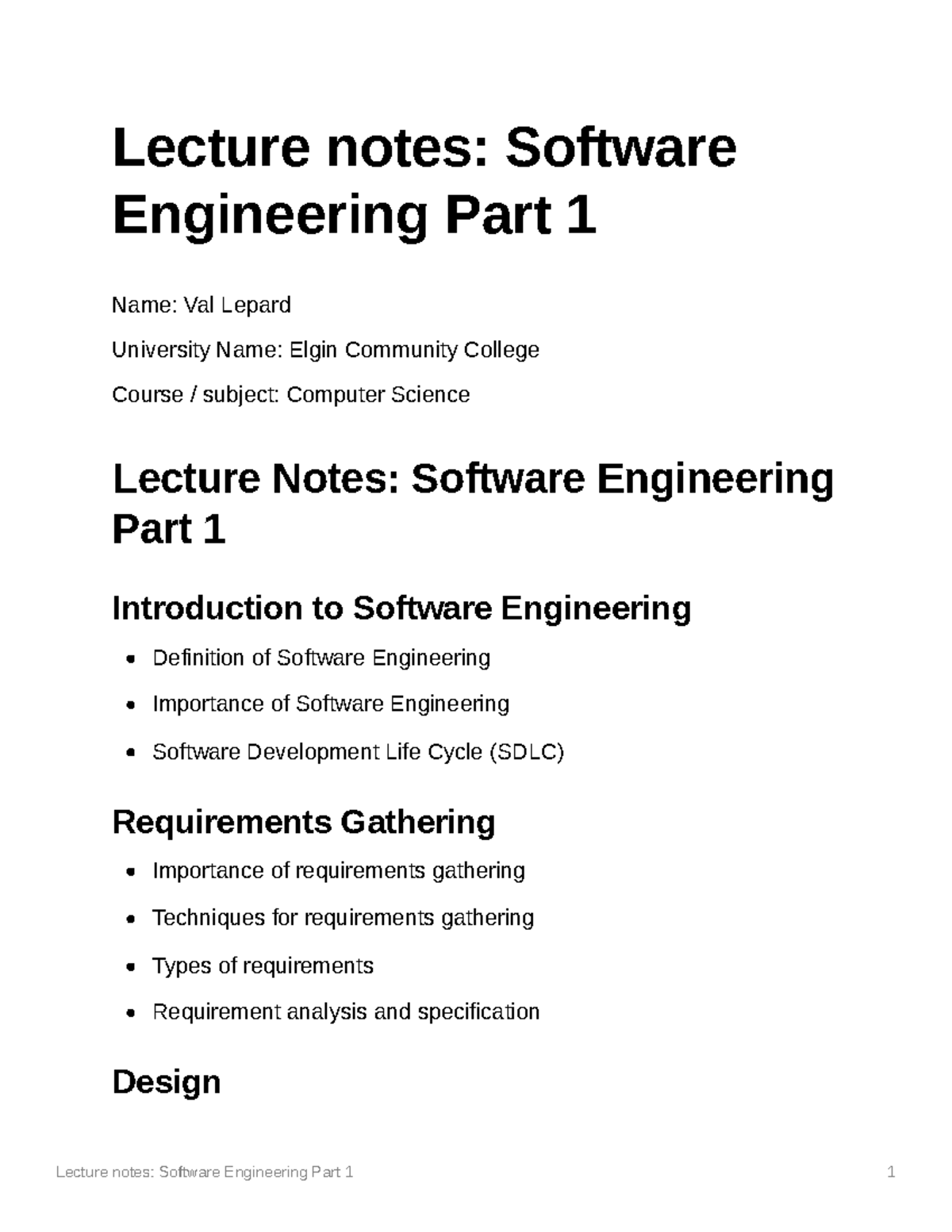 Lecture Notes Software Engineering Part 1 Lecture Notes Software