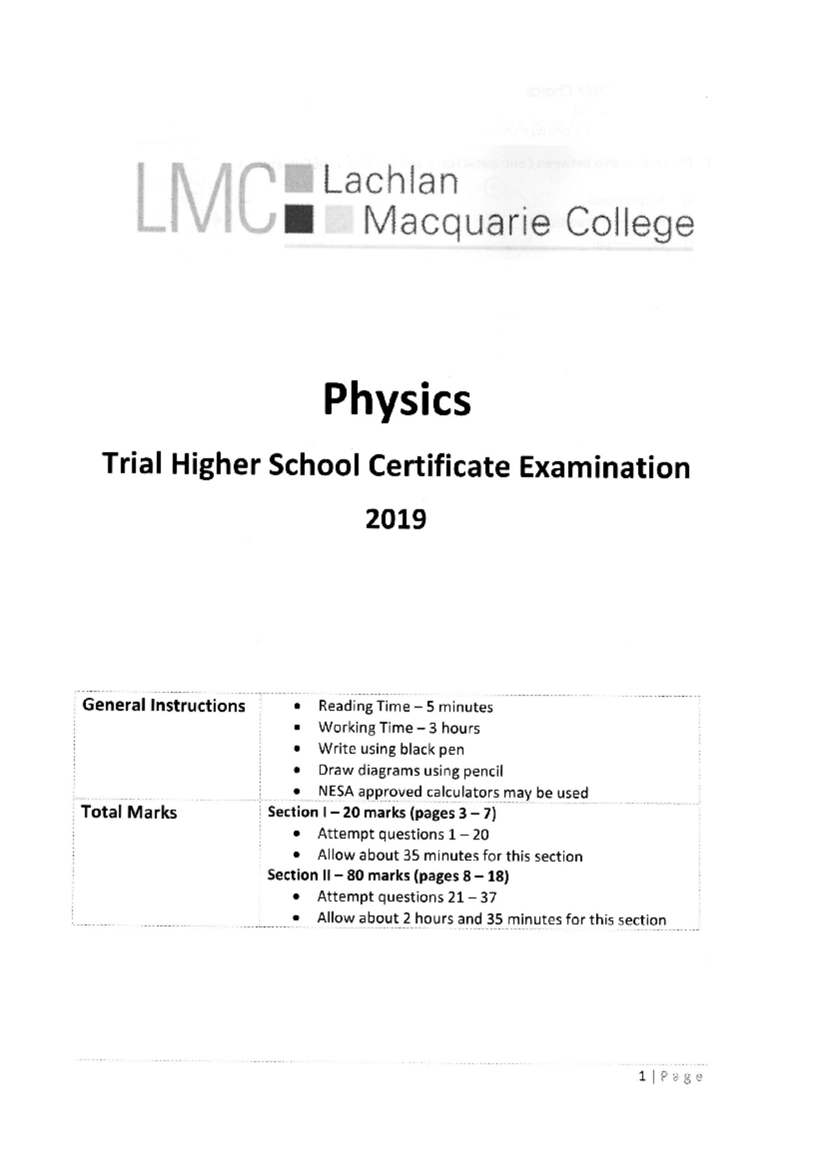 2019 trial paper - LMC Lachlan Macquarie College Physics Trial Higher ...