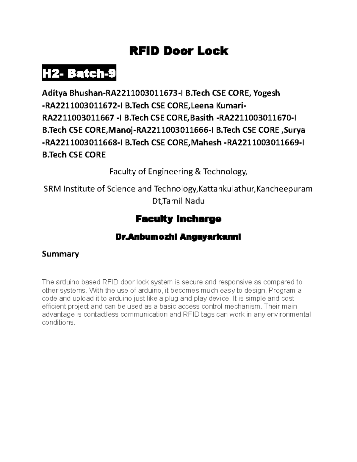 Batch 9 H2 RFID DOOR LOCK System - RFID Door Lock H 2 - Batch- 9 Aditya ...