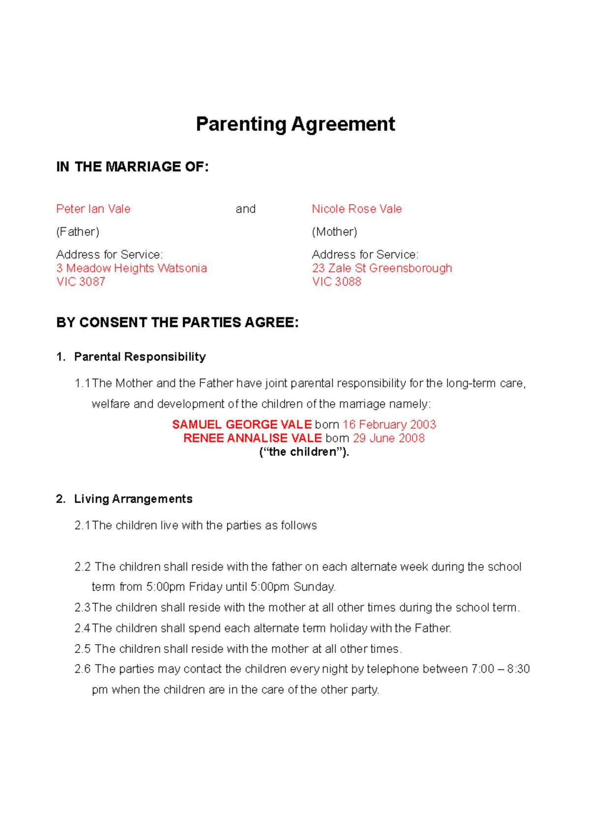 Parenting Agreement - assessment HD - Parenting Agreement IN THE ...