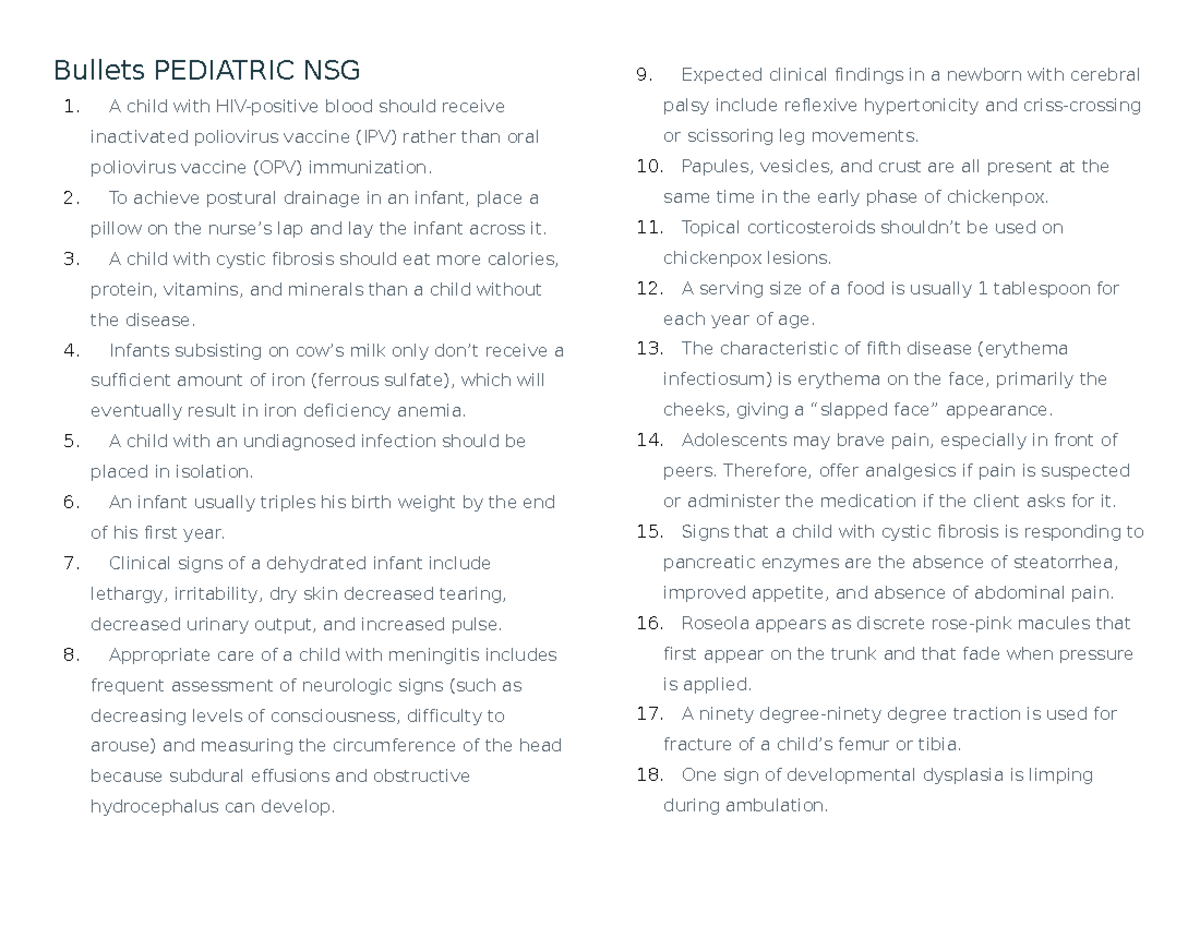 Bullets lang po - Bullets PEDIATRIC NSG A child with HIV-positive blood ...