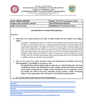 LT1 Zuniga - LEARNING TASK - Name: ZUÑIGA, JERAME B. Course: GEC3 The Contemporary World Program ...