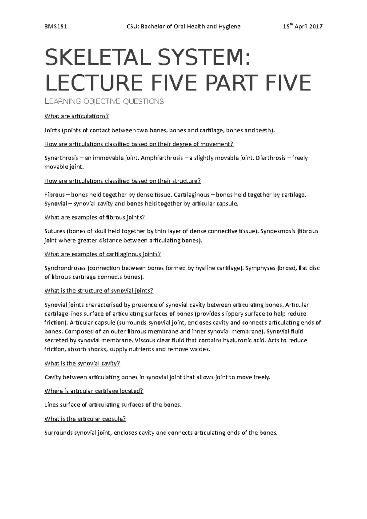 Lecture five part five - BMS191 CSU: Bachelor of Oral Health and ...