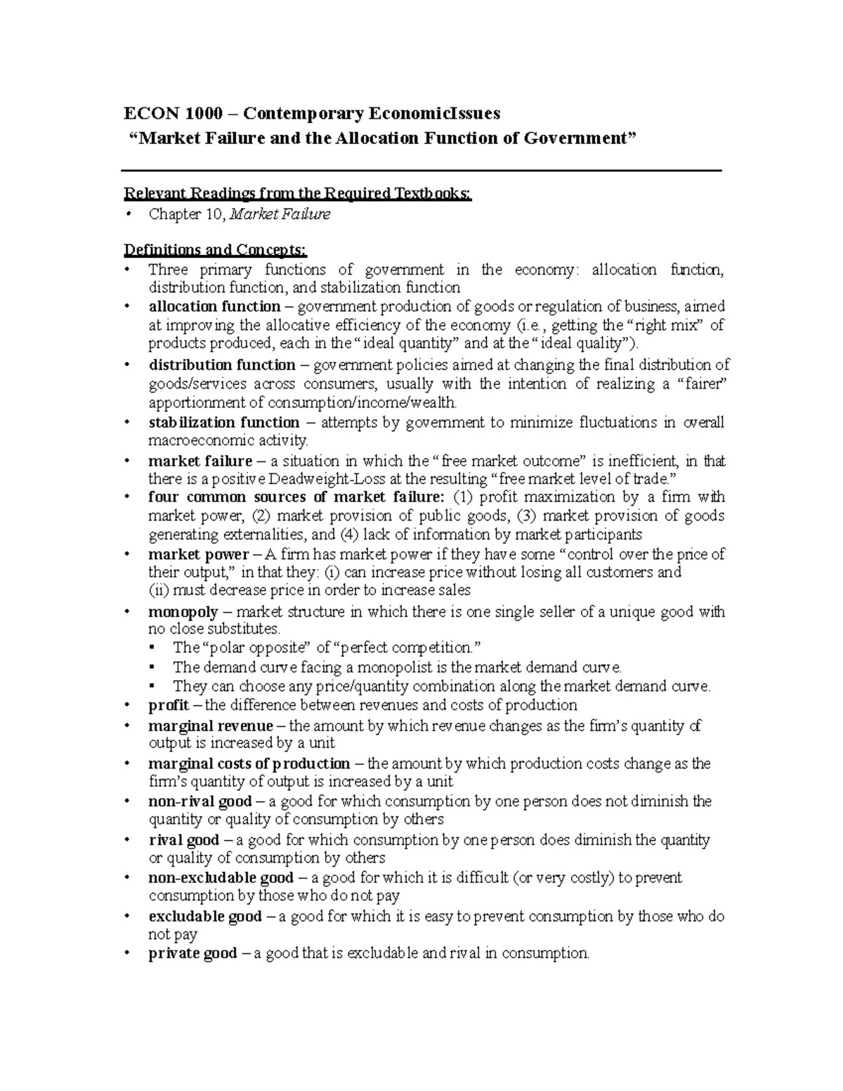 Chapter 10 Study Guide revised - ECON 1000 – Contemporary ...