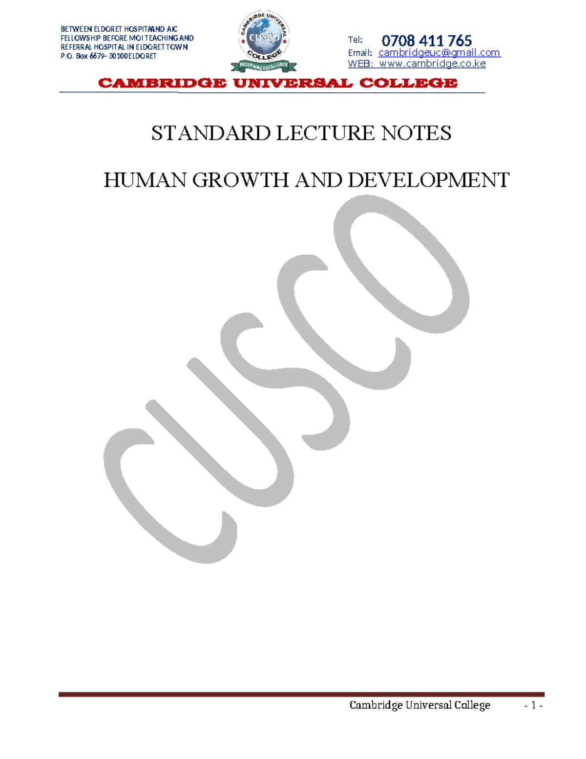 Human Growth & Devpt - done - STANDARD LECTURE NOTES HUMAN GROWTH AND ...
