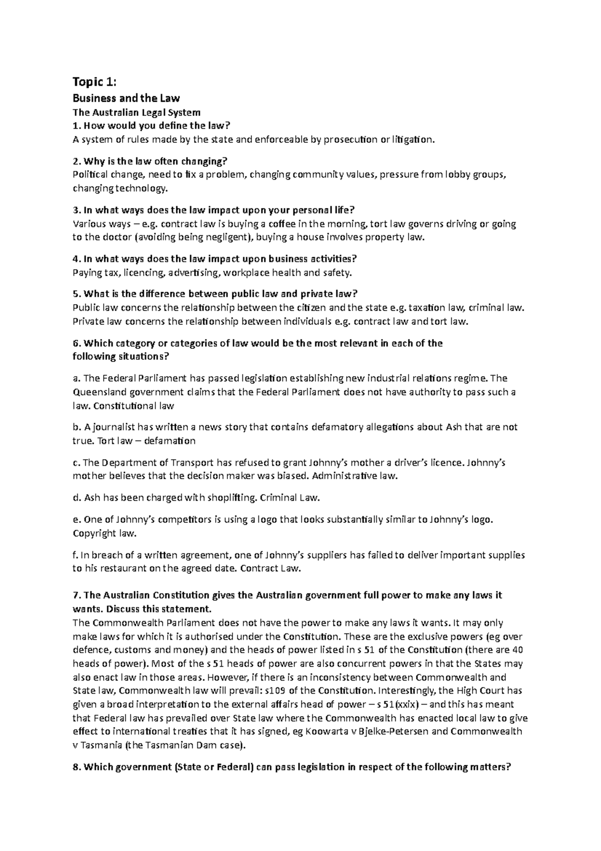 Business law exam prep - Exam prep and tutorial notes - Topic 1 ...