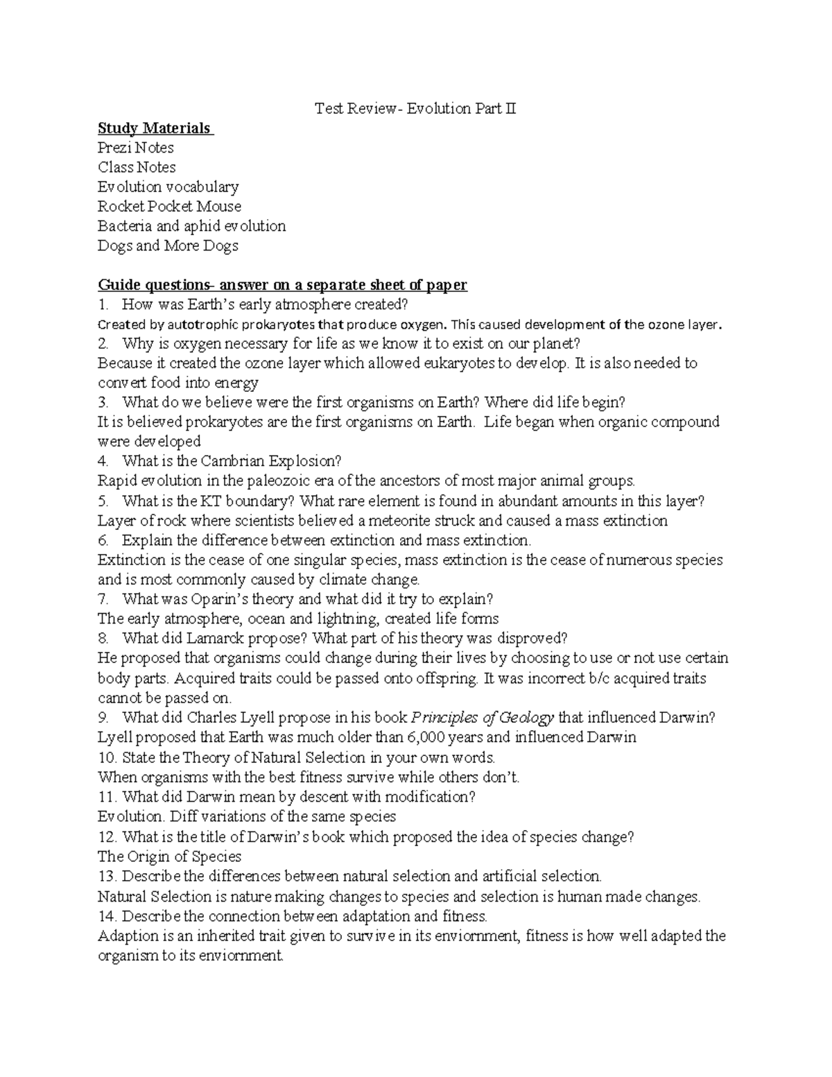 Copy of Test Review Evolution Part II - Test Review- Evolution Part II ...