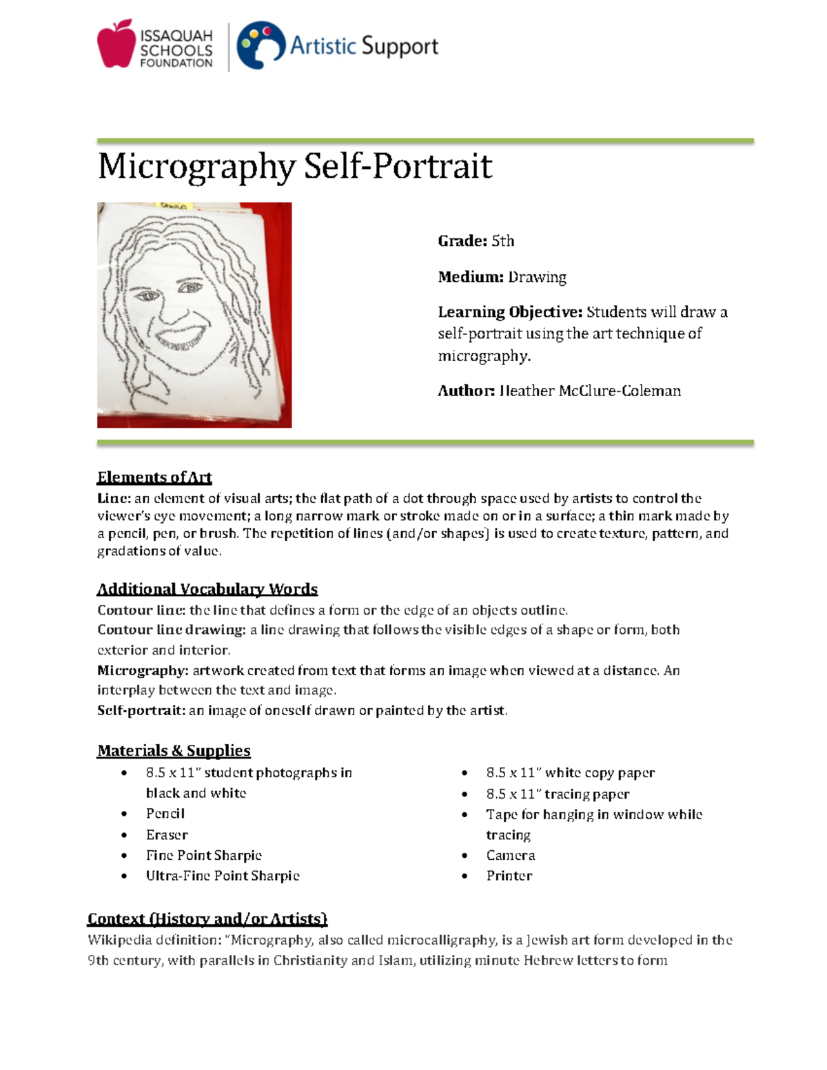 Excellent Art Lesson - Micrography Self-Portrait Grade: 5th Medium ...