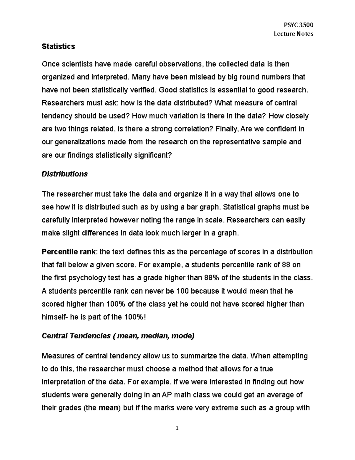 2021 Psyc 3500 Statistics Behavioral Science Lecture Notes Terminology Unit One Lecture Notes