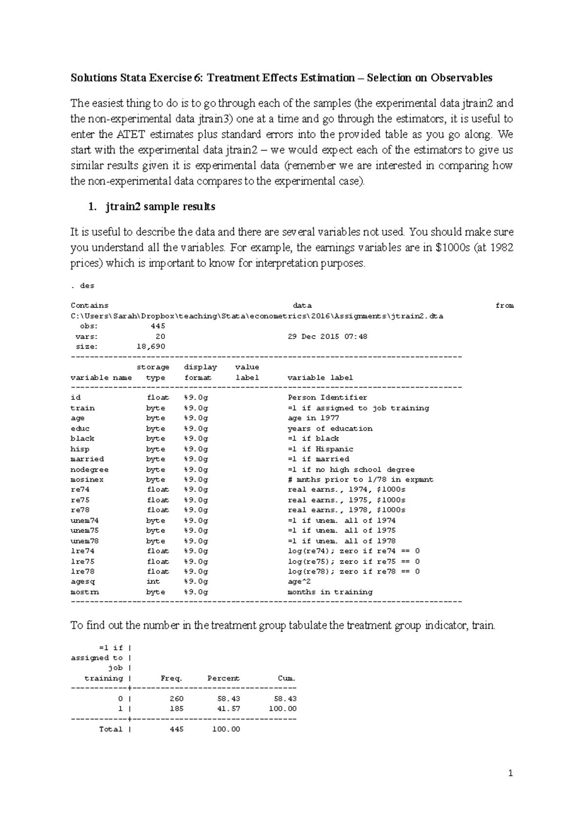 Solutions To Stata Exercise 6 Te Solutions Stata Exercise 6 Treatment Effects Estimation 
