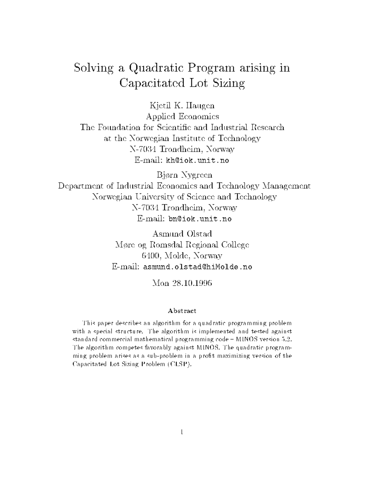 Competitive Programming - Solving a Quadratic Program arising in Capacitated Lot Sizing Kjetil K ...