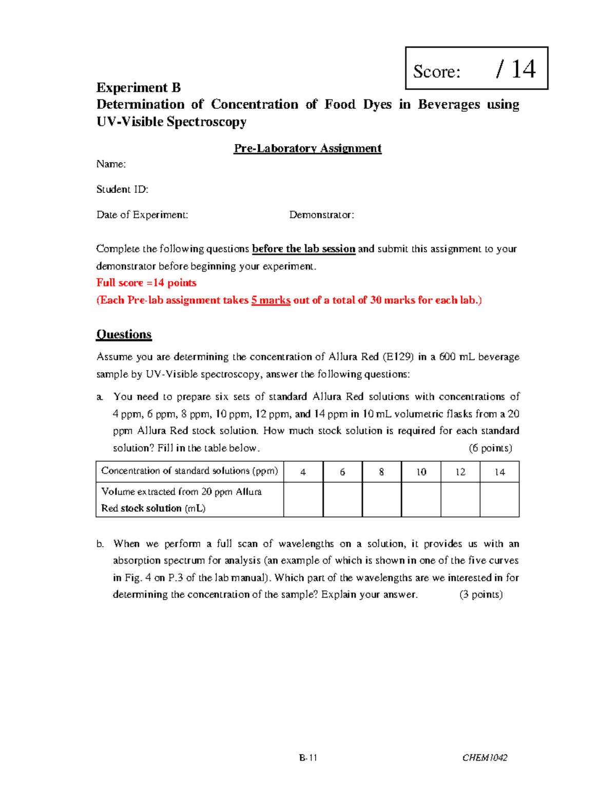 Exp B UV Vis Spectroscopy Pre Lab Assignment - B-11 CHEM Experiment B ...