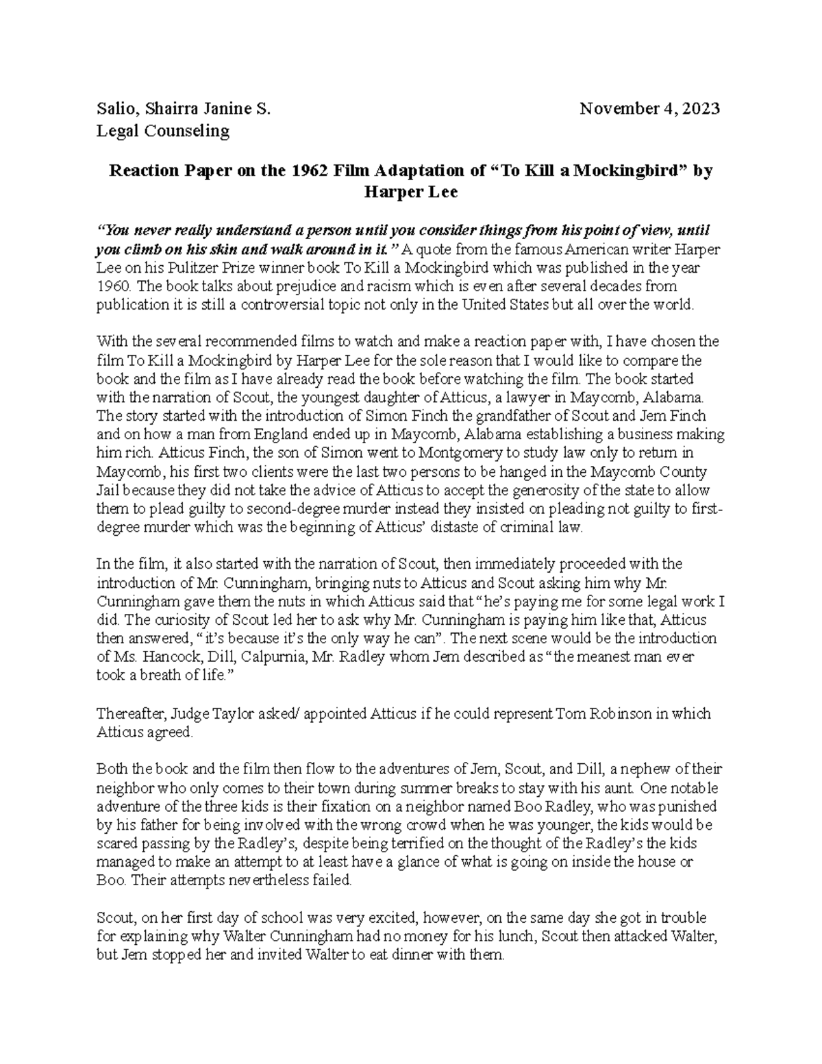 Observation Report - Salio, Shairra Janine S. November 4, 2023 Legal ...