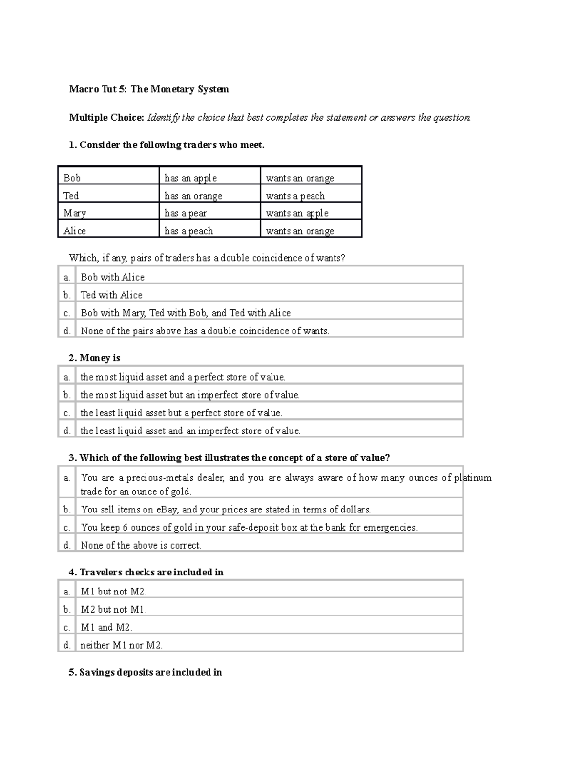 Macro Tut 5 - Macro Tut 5: The Monetary System Multiple Choice ...
