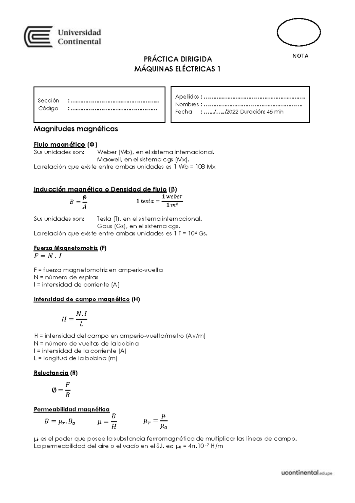 Practica Dirigida 01 Maquinas 1 - PR¡CTICA DIRIGIDA M¡QUINAS EL.. 1 Magnitudes magnÈticas Flujo ...