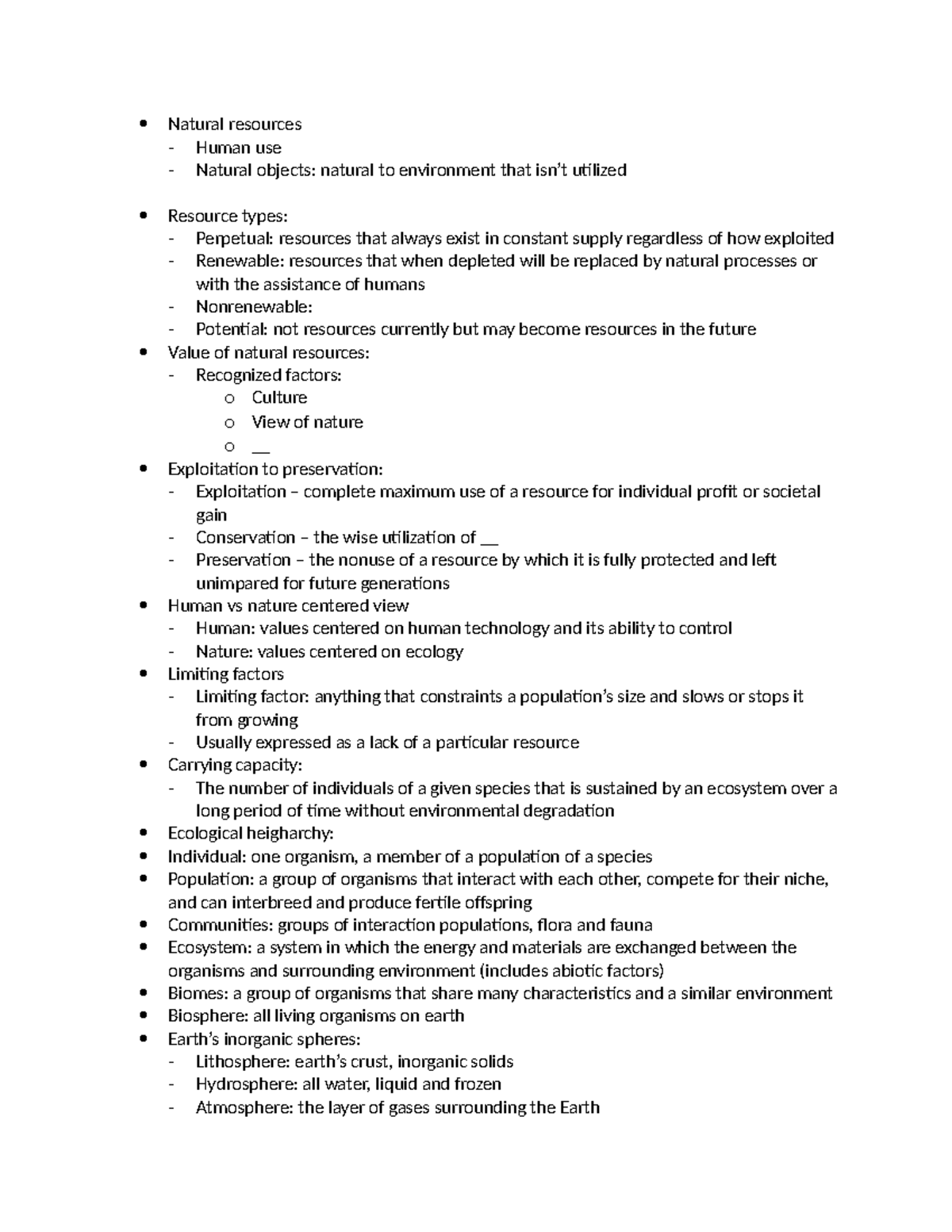 Study guide for exam 1 - Natural resources - Human use - Natural ...