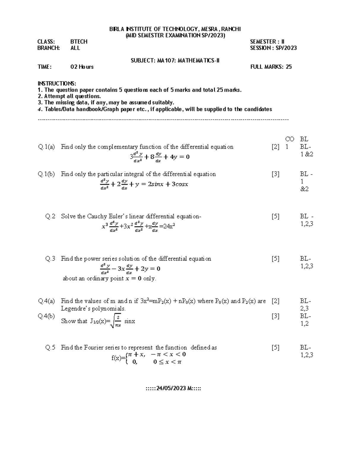 MA107 Mathematics-II (MID SP23) - BIRLA INSTITUTE OF TECHNOLOGY, MESRA ...