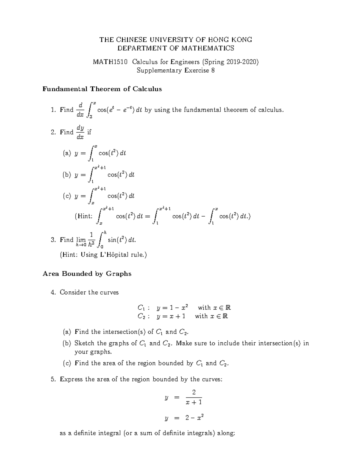 Supp Ex 8 - extra exercise - THE CHINESE UNIVERSITY OF HONG KONG DEPARTMENT OF MATHEMATICS ...