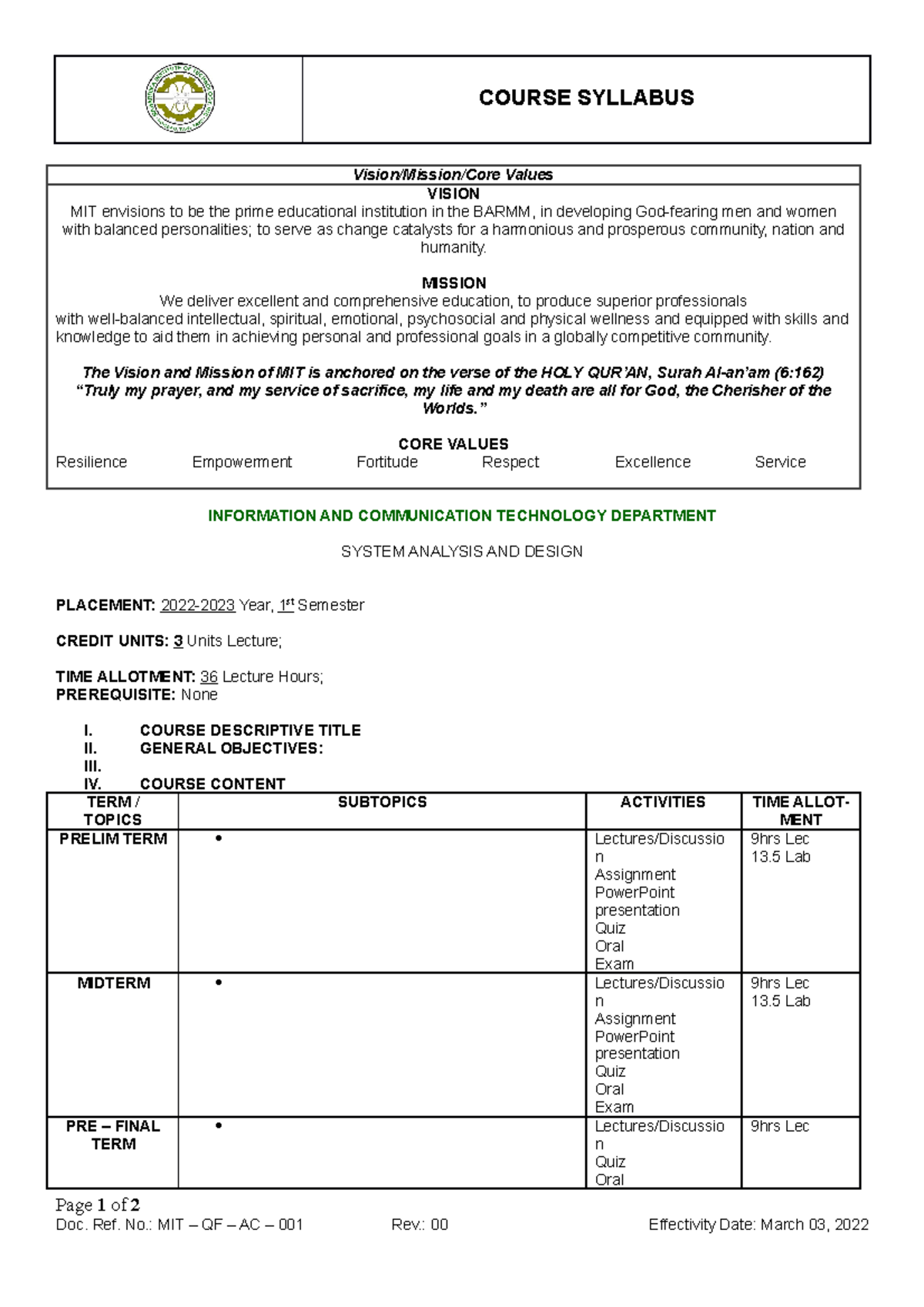 System Analysis and Design. Course Syllabus - COURSE SYLLABUS Vision ...