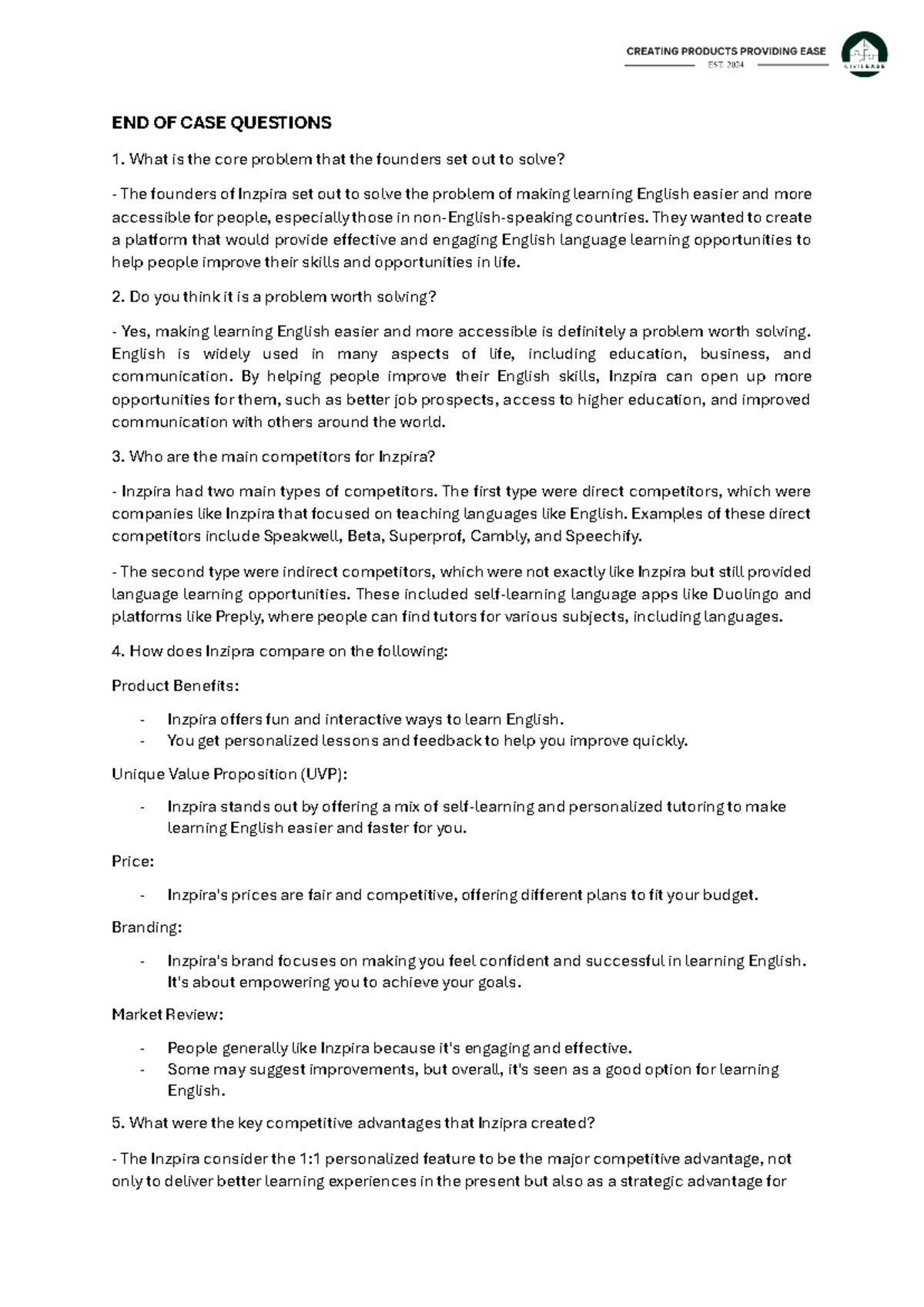 Huhuh - END OF CASE QUESTIONS 1. What is the core problem that the ...