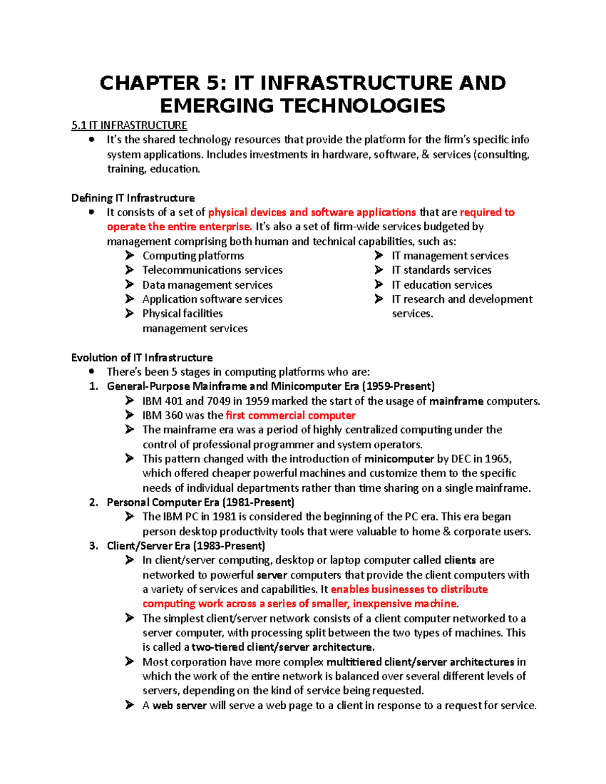 ITM 100 Chapter 5 - dsfad - CHAPTER 5: IT INFRASTRUCTURE AND EMERGING TECHNOLOGIES 5 IT - Studocu