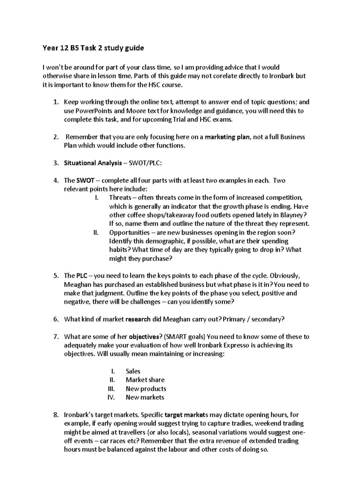 BS Year 12 Task 2 Study Guide - Year 12 BS Task 2 study guide I won’t ...
